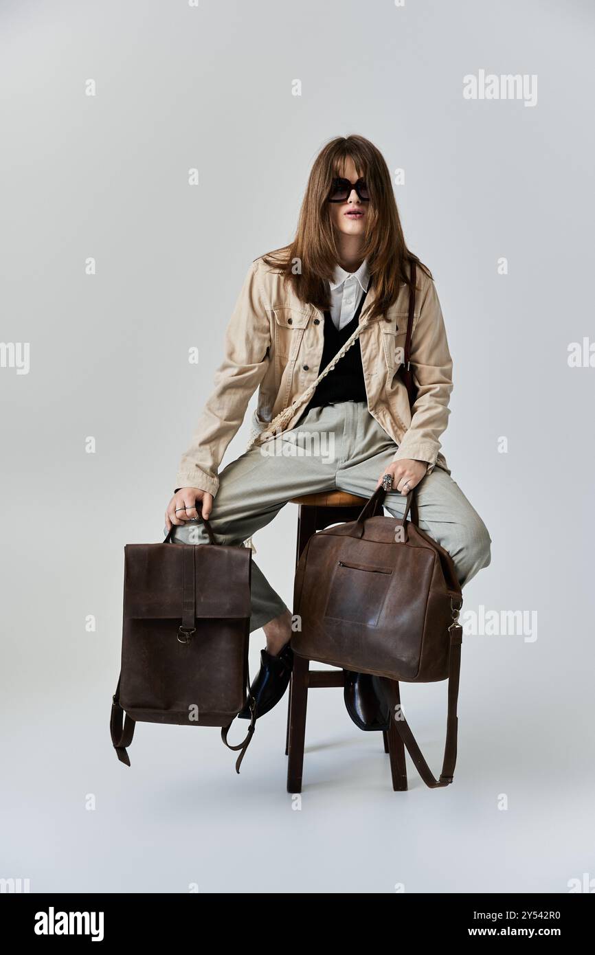 A trendy individual showcases modern attire while striking a bold pose ...