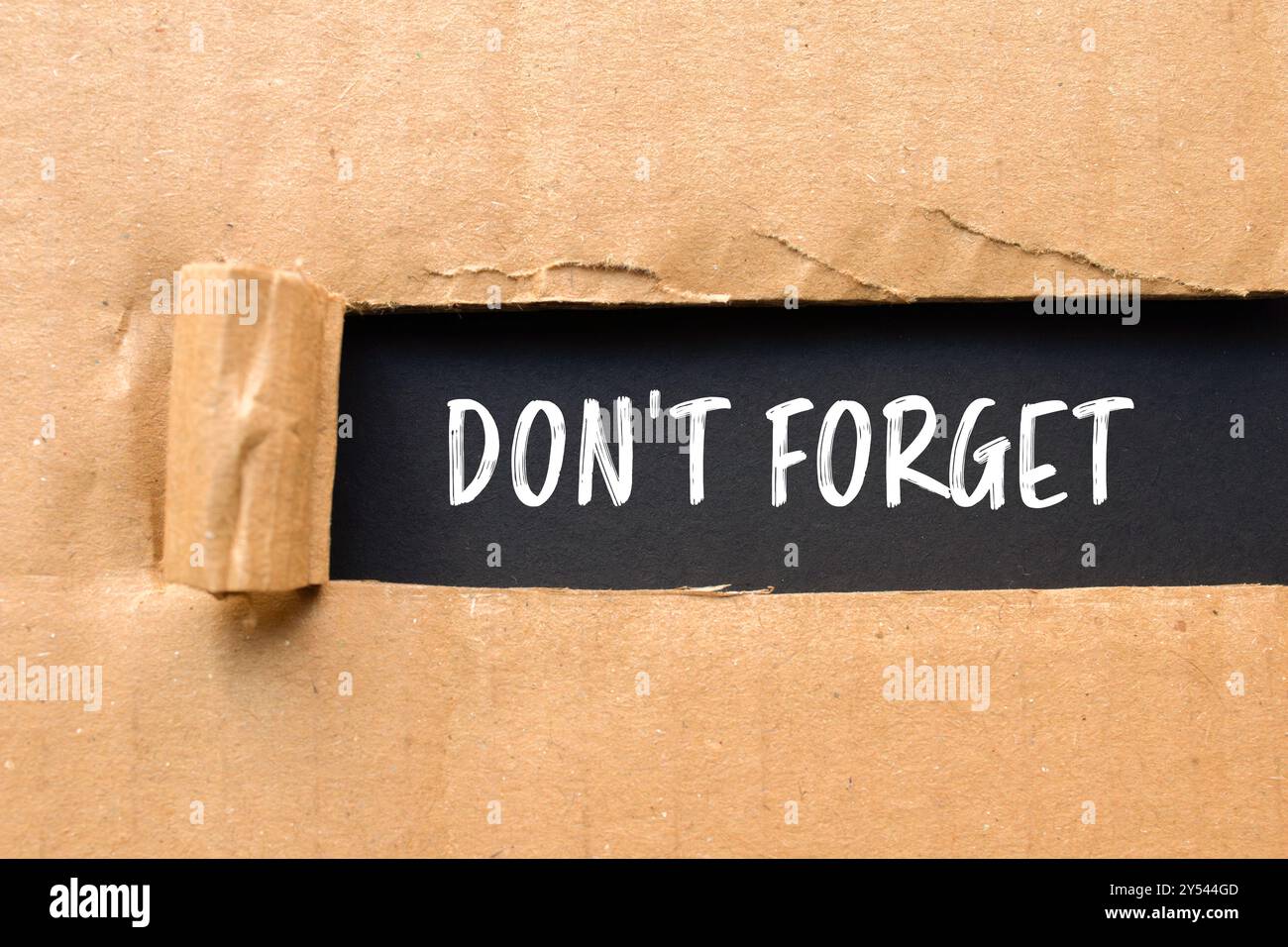 Don't forget message written on ripped torn cardboard paper with black ...