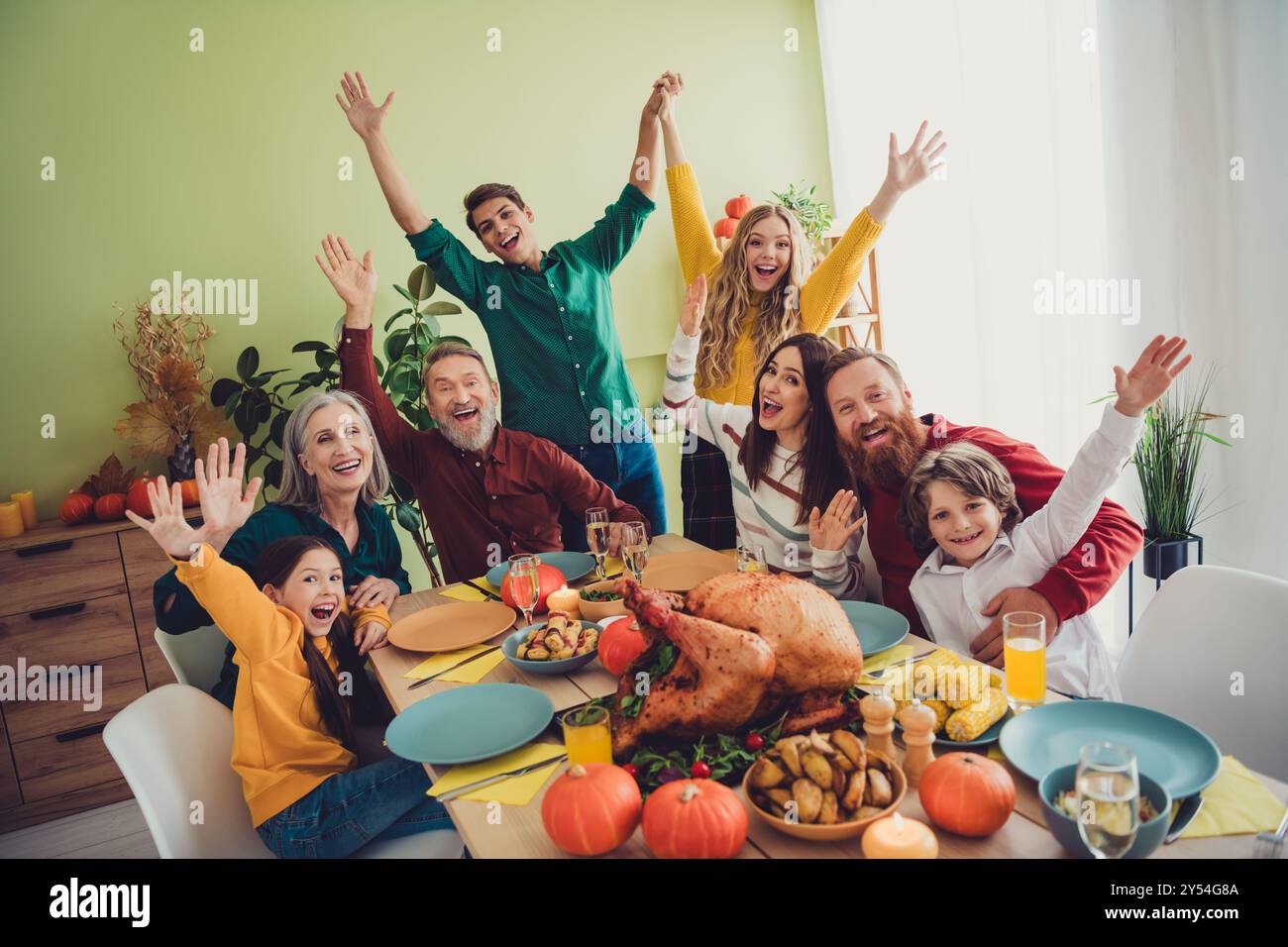 Family photo portrait of happy optimistic people celebrating thanksgiving day meeting together ...