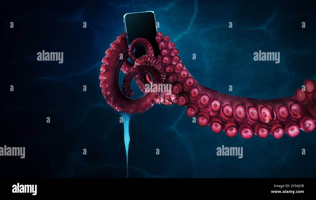 Octopus tentacle gripping smartphone with its suction cups, creating a ...