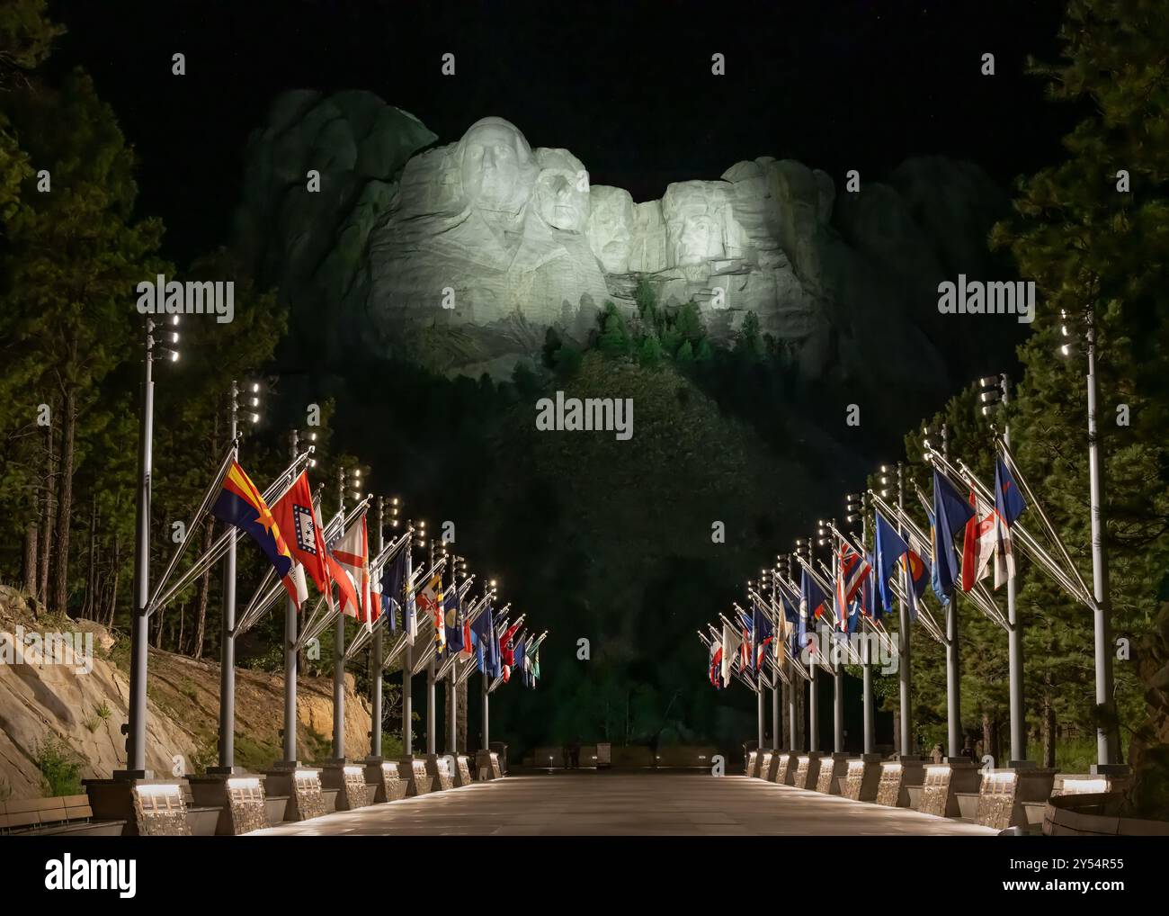 Nighttime Avenue of the Flags lighting ceremony, at Mount Rushmore ...