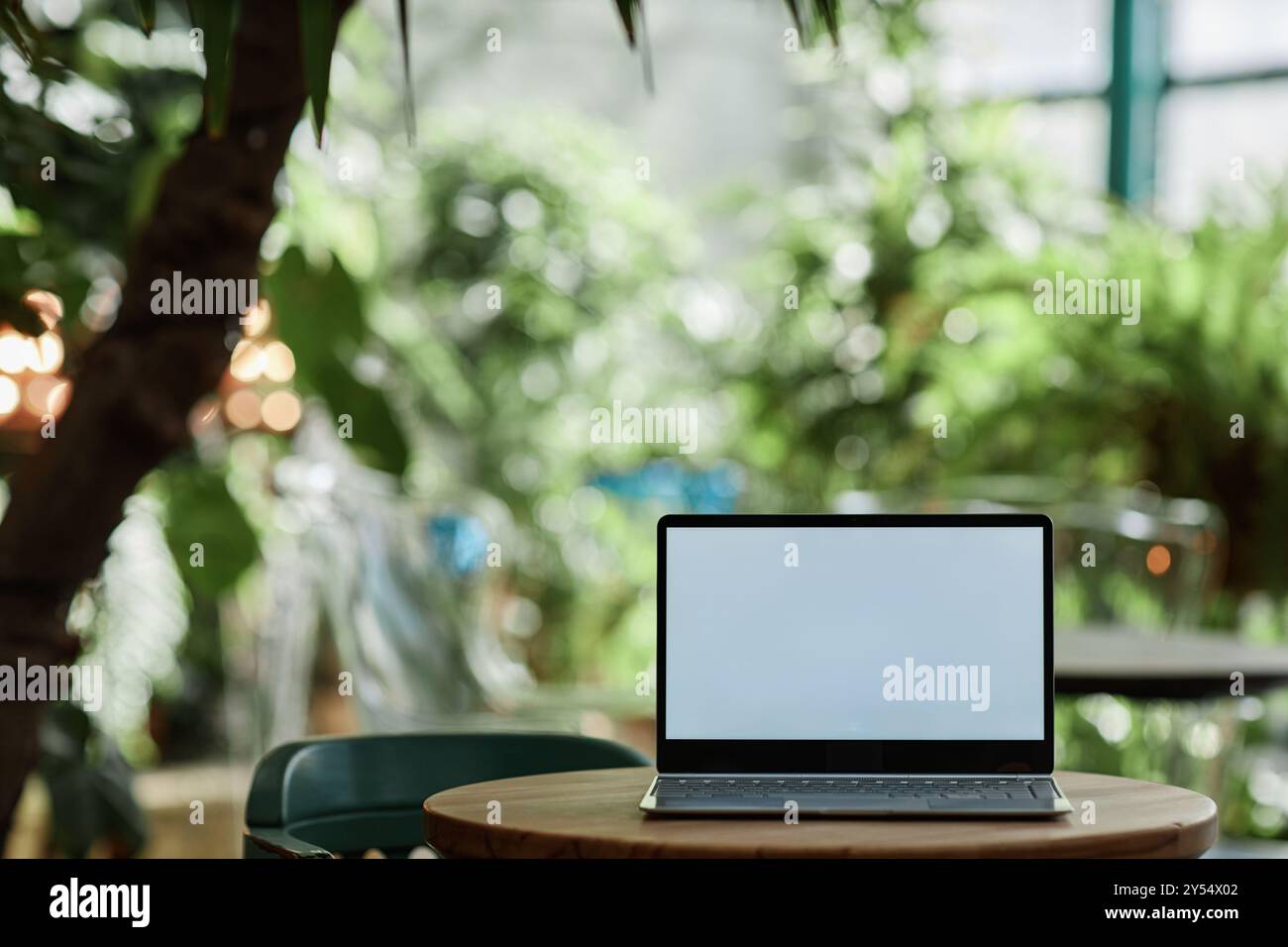 Non-working laptop with white screen on table in eco cafe Stock Photo ...