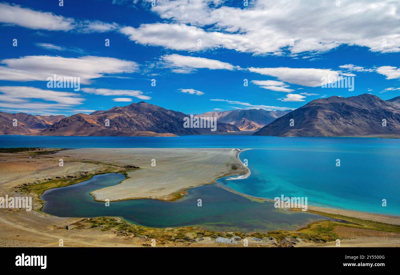 This image depicts the breath-taking Pangong Tso, a high-altitude lake ...