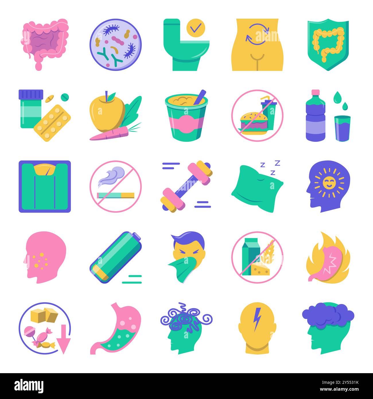 Gut health flat icon set. Healthy digestive system. Vector illustration ...