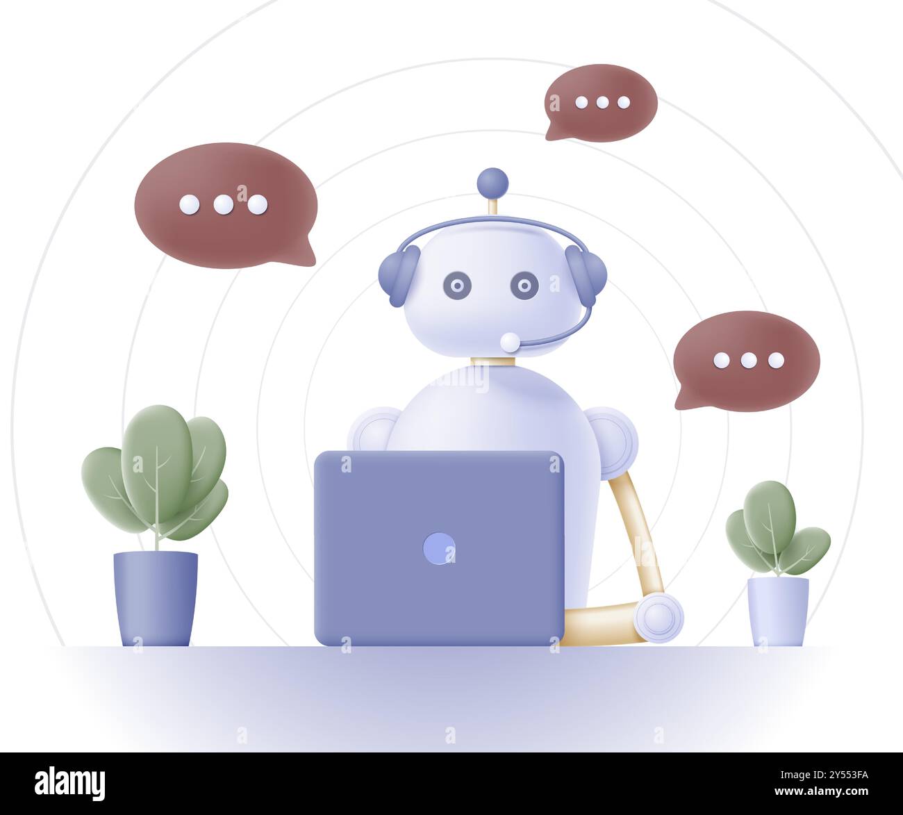 Artificial intelligence office robot operator with headset talks to ...