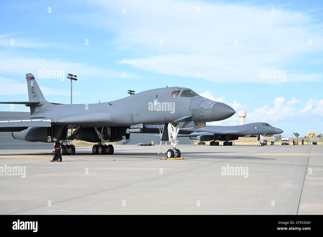 Two B-1B Lancers attached to the 34th Bomb Squadron sit prepared to ...