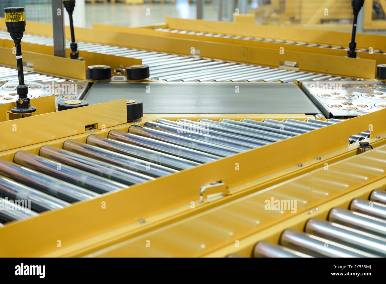 Empty conveyor sorting belt at distribution warehouse. Distribution hub ...