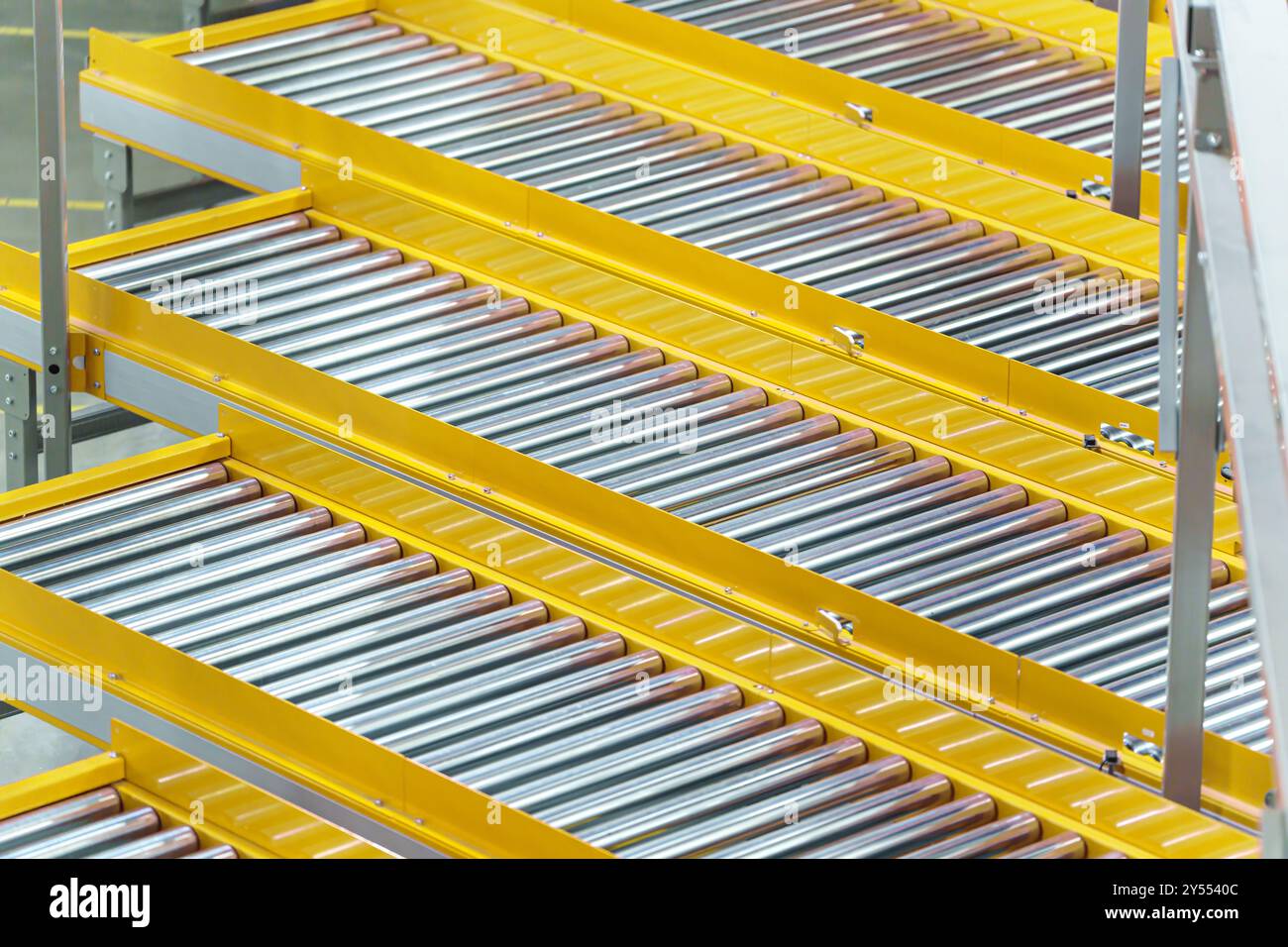Empty conveyor sorting belt at distribution warehouse. Distribution hub ...