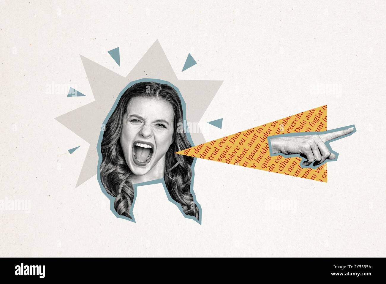 Composite photo collage of angry girl head scream boss reprimand hand ...