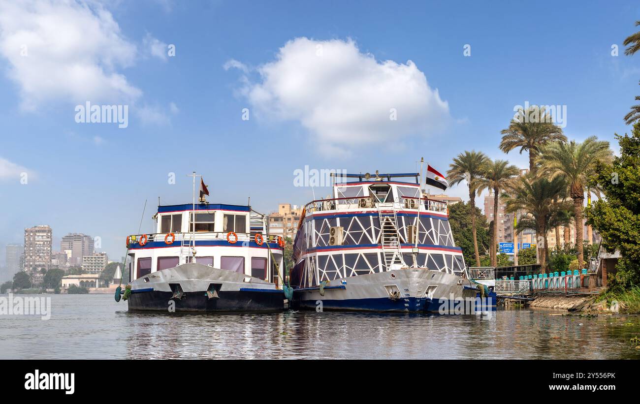 Cairo, Egypt - December 9 2023: Nile Crystal Cruise boat docked along ...