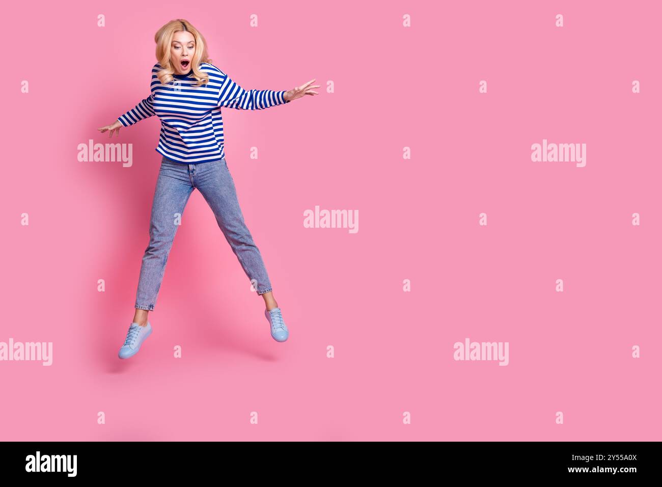 Full body photo of attractive mature woman falling down look empty ...
