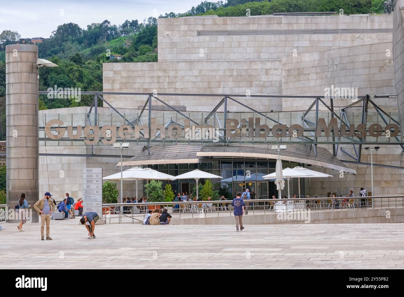 Entrance and terrace of the Guggenheim Museum in Bilbao, Spain Stock ...