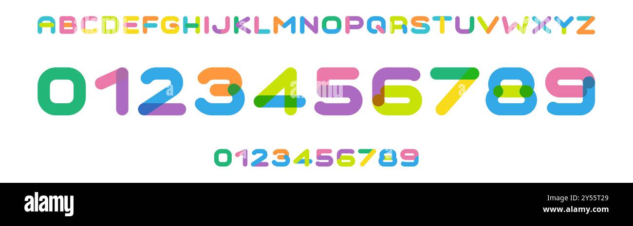 Playful overlapping geometric numbers and letters, vibrant layered font ...
