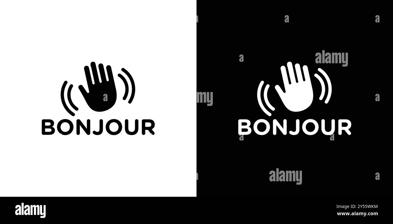 Bonjour text with hand wave icon linear logo mark set collection in ...