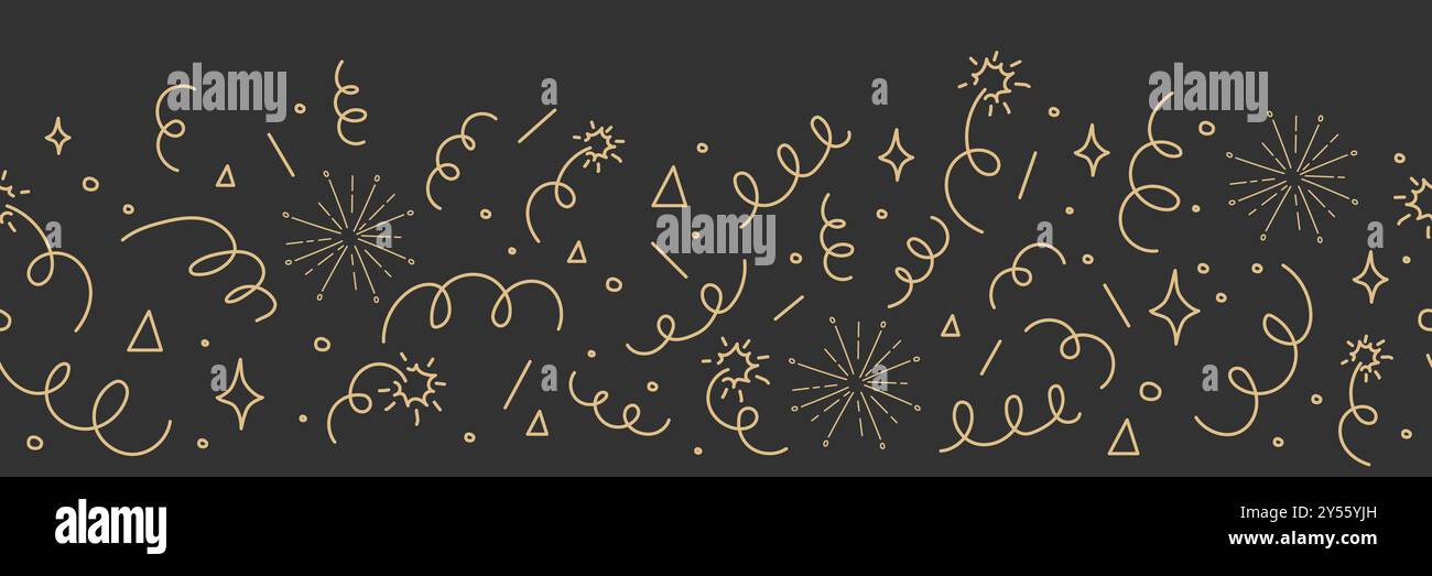Confetti goden border doodle line drawing. Sketch burst with ribbon ...