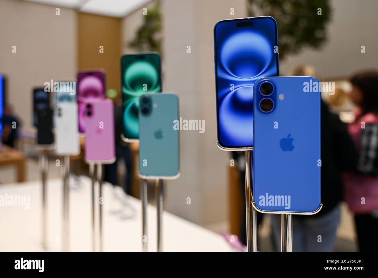 Berlin, Germany. 20th Sep, 2024. Colored models of the iPhone 16 are on ...