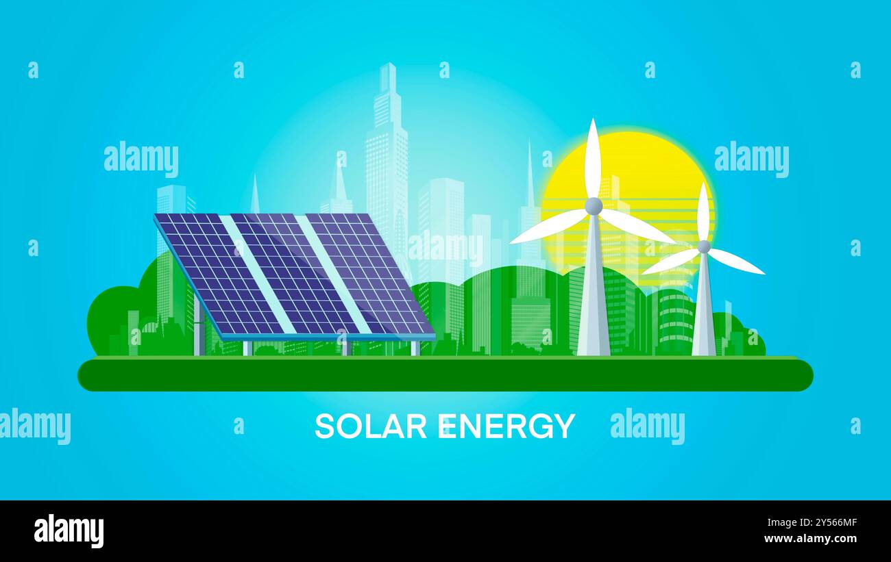 Renewable energy, solar panels and wind turbines generating electricity ...