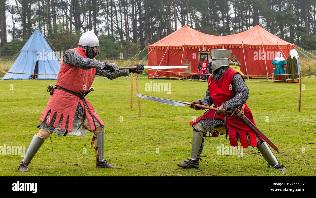 Re-enactors in Medieval costume reenact a fight with swords, East ...