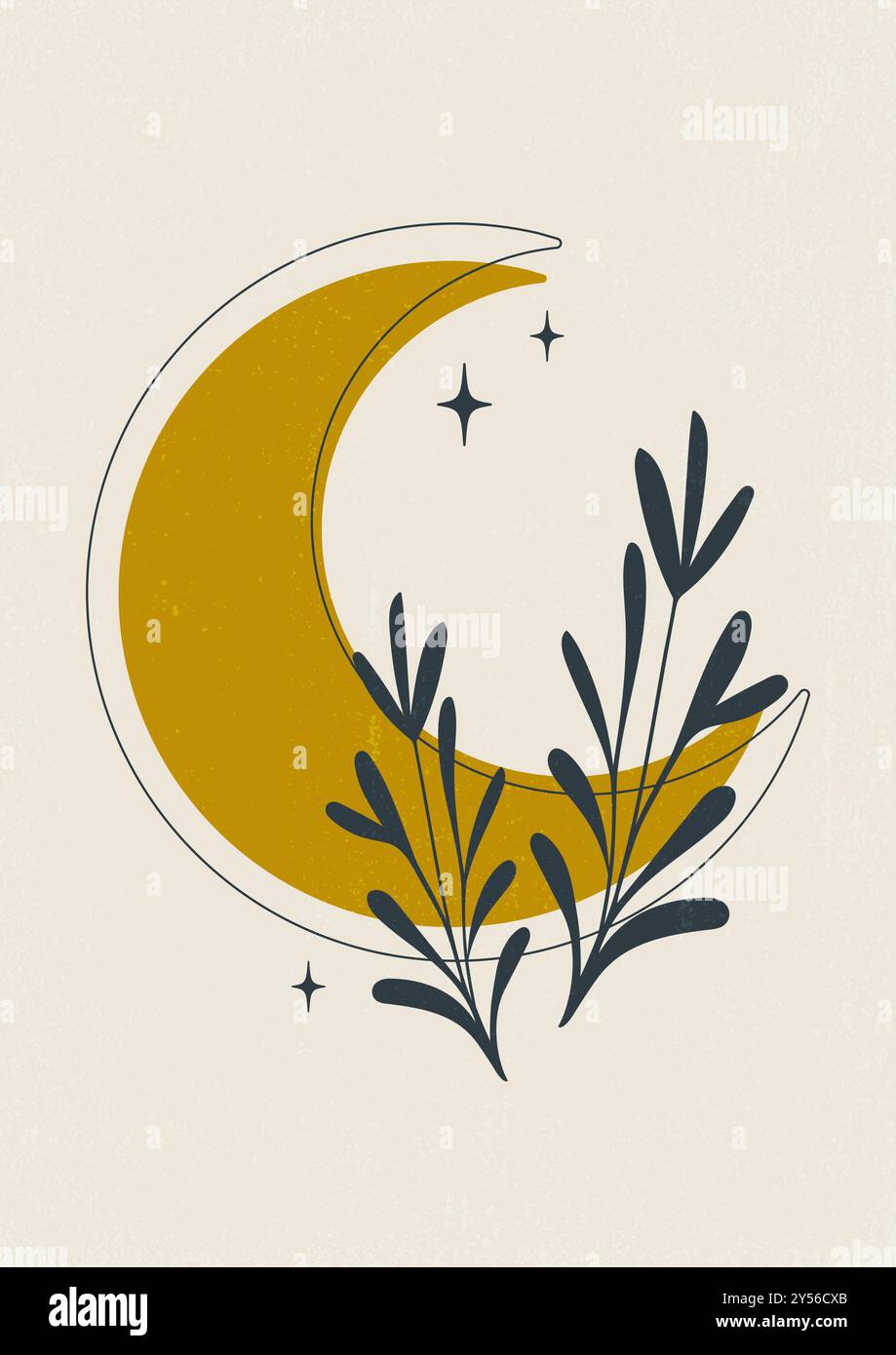 Boho celestial magic art with moon and herbs. Minimalist printable wall art Stock Vector Image ...