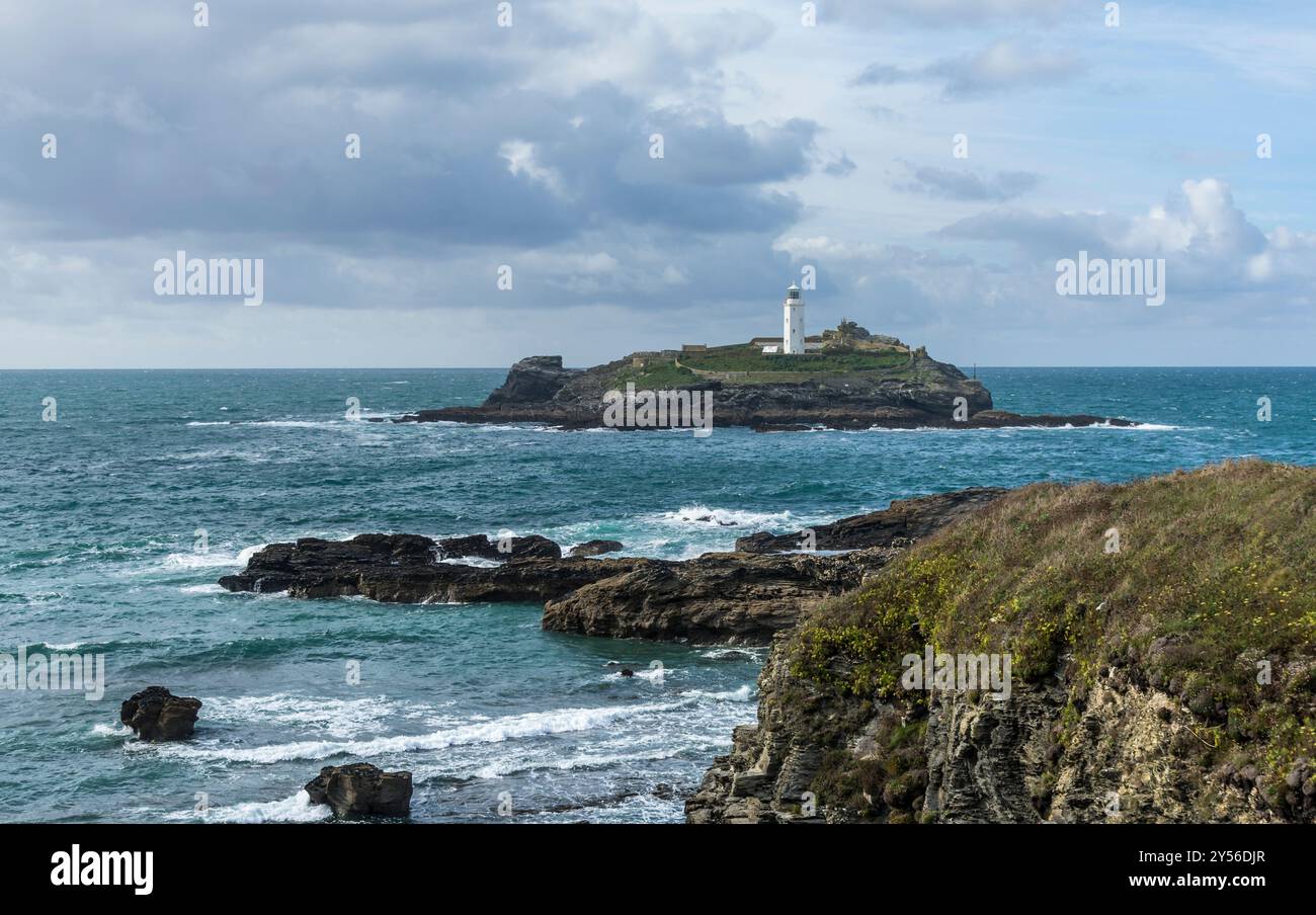 View of Godrevy lighthouse from the North Cornwall coastal path ...