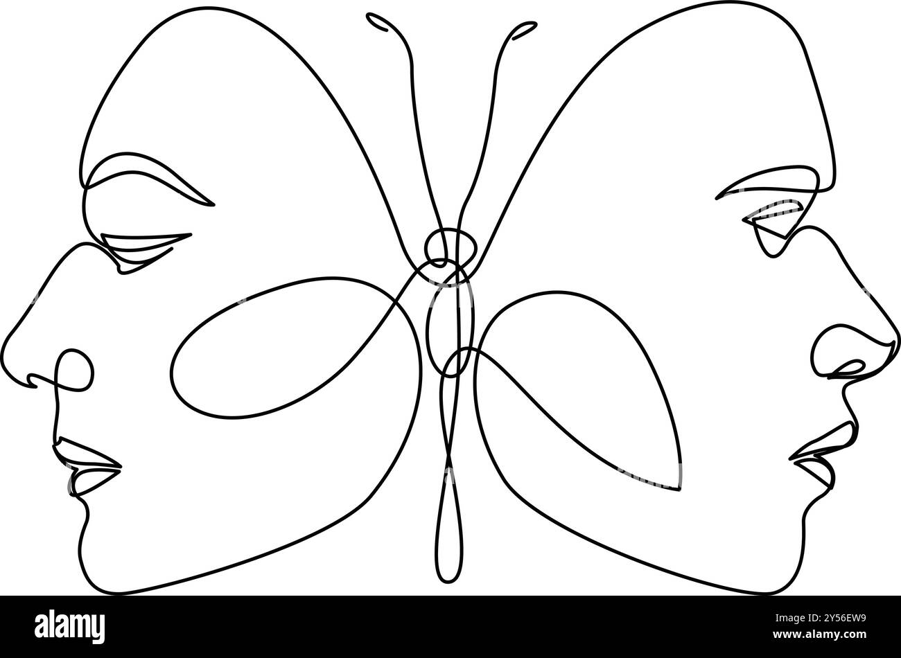 Butterfly with faces as wings continuous one line drawing. Minimalist ...