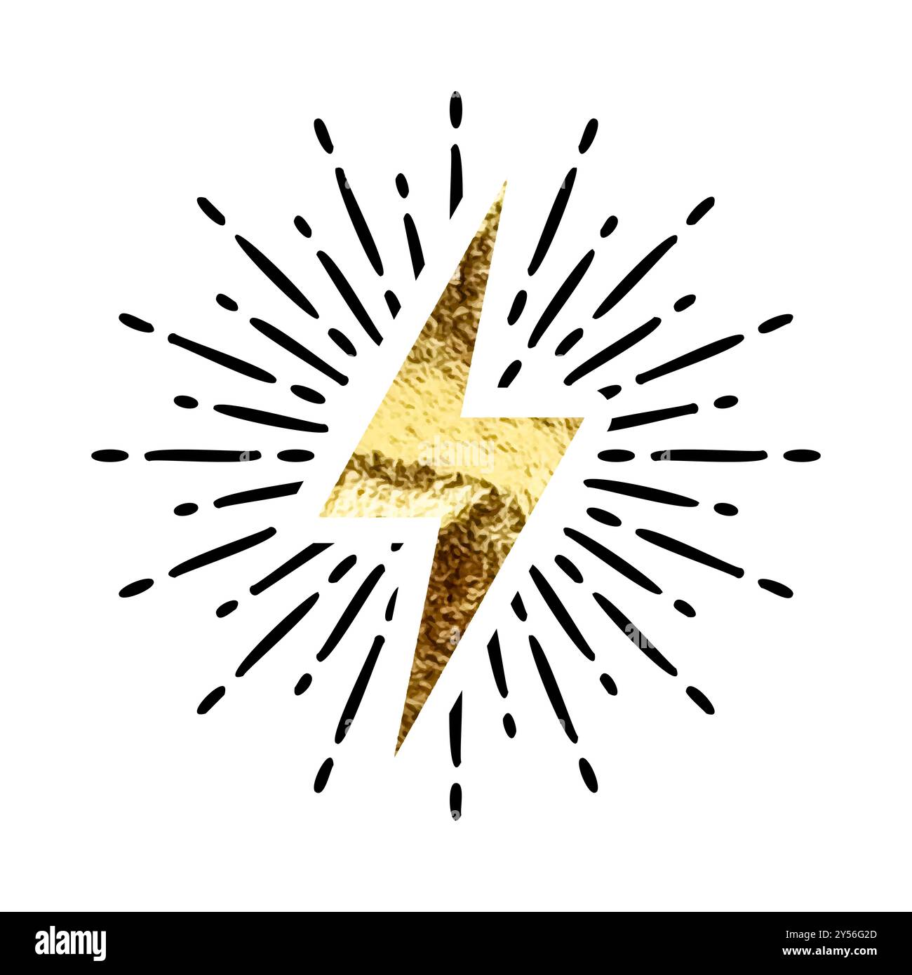 Vintage golden lightning bolt and sun rays. Gold foil texture ...