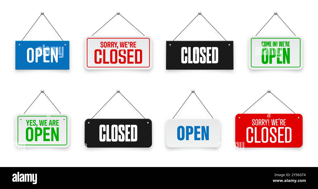 Realistic open or closed hanging signboards. Vintage door sign for cafe ...