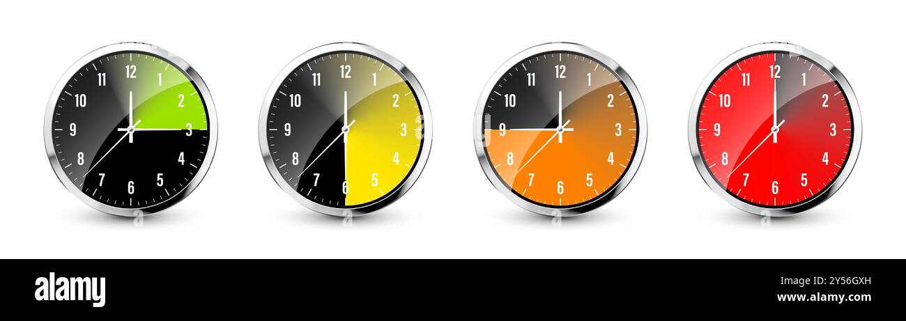 Wall clock, stopwatch icons. Shiny metal chronometer, time counter with ...