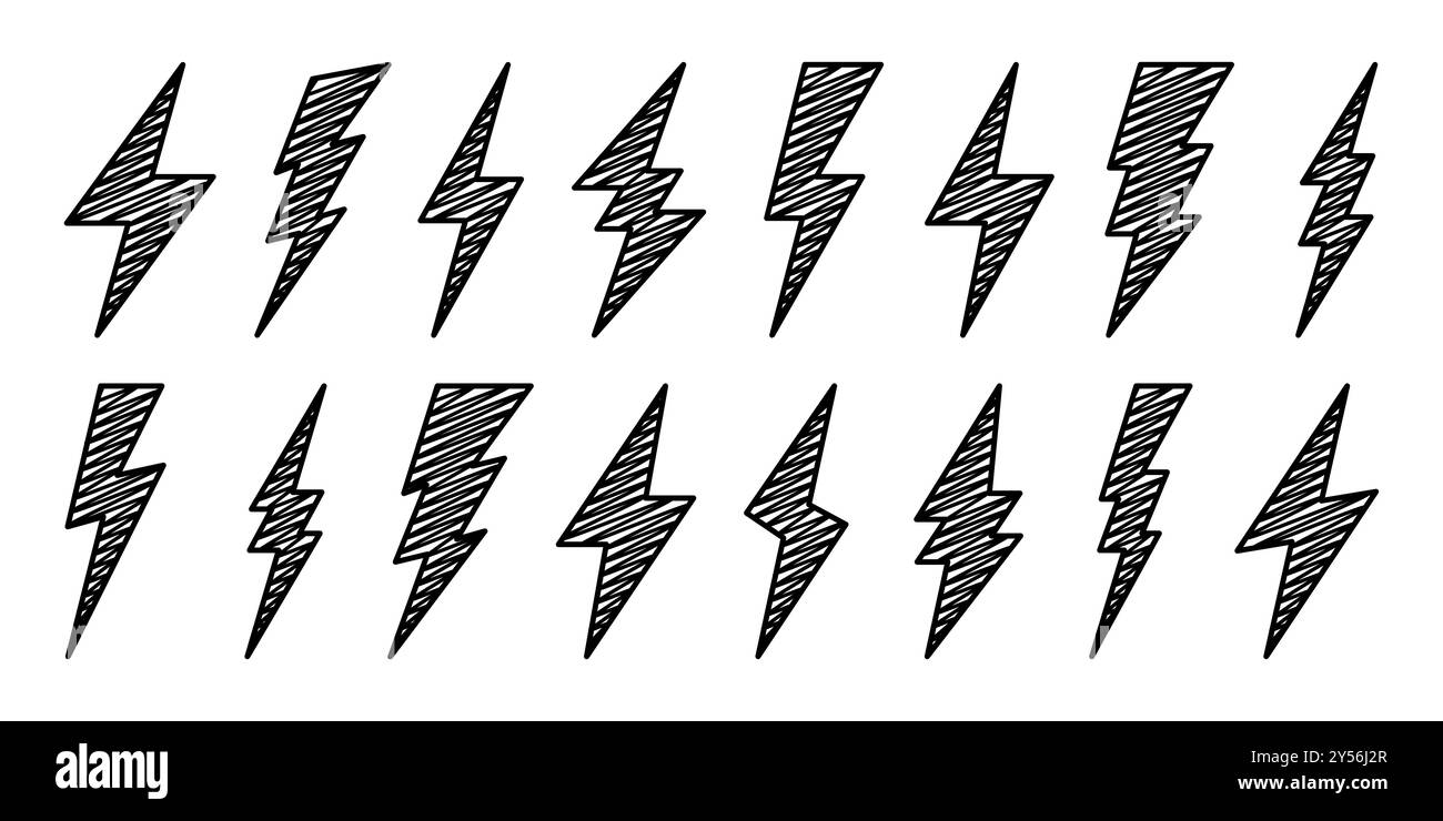 Hatched lightning bolt icons collection. Hand drawn flash symbol ...