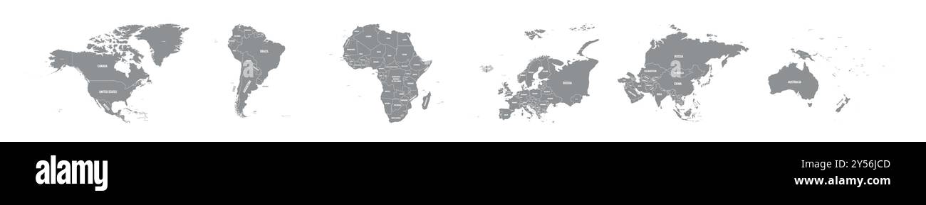 Set of six world continent maps in a row - North America, South America ...