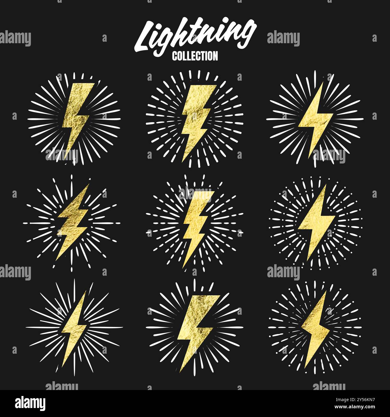 Set of vintage golden lightning bolts and sun rays. Gold foil texture ...