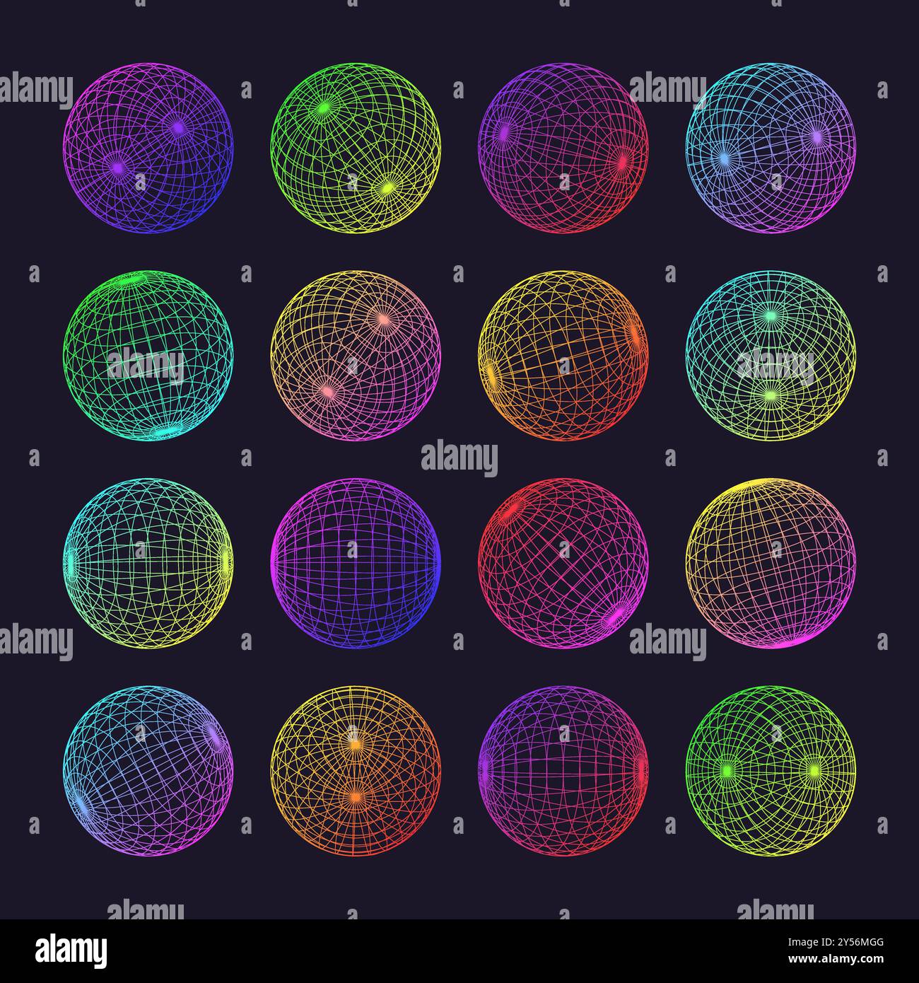 Neon wireframe shapes, lined sphere. Perspective mesh, 3d grid. Low ...