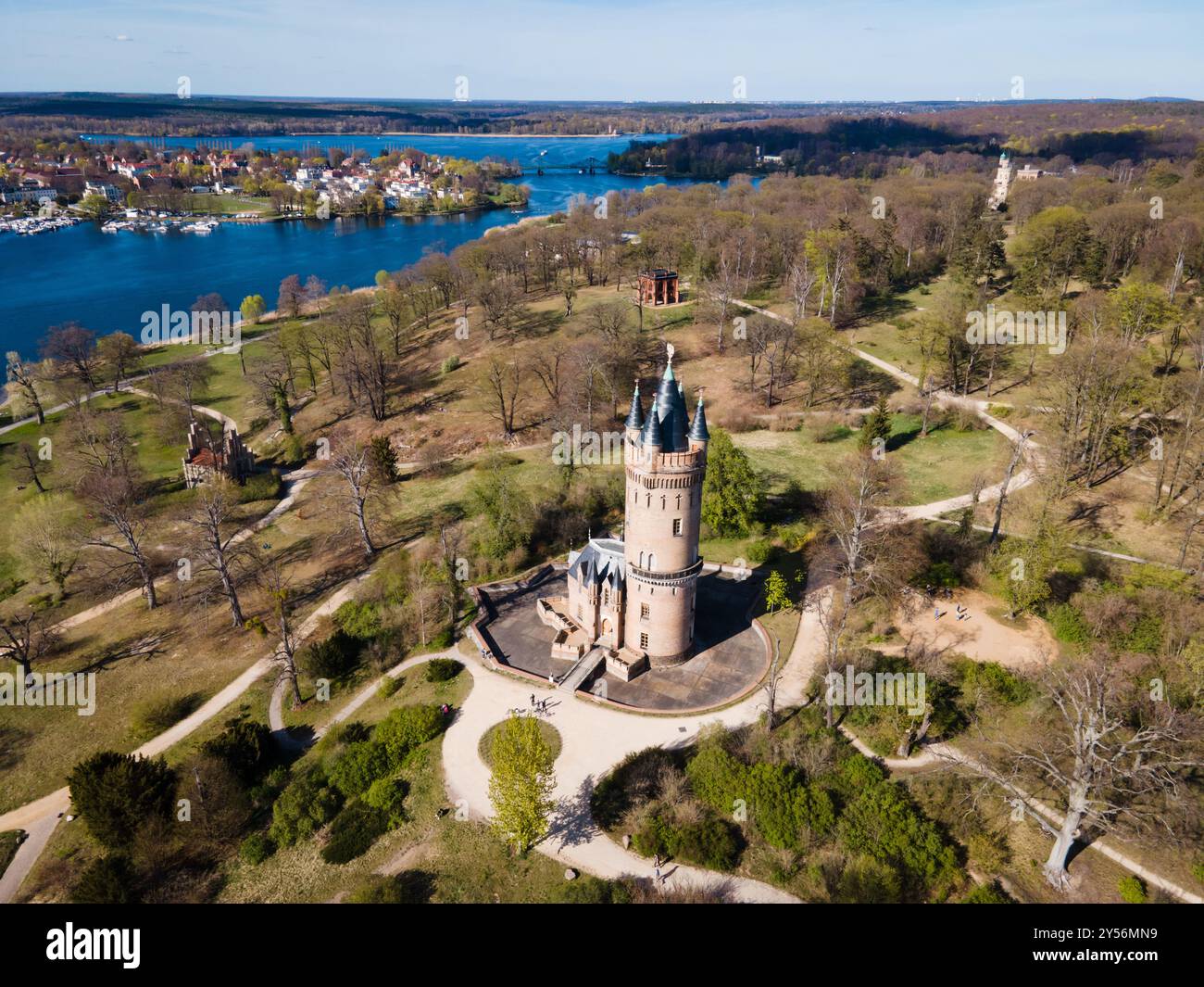 Aerial view of historic Flatow Tower surrounded by lush greenery under ...