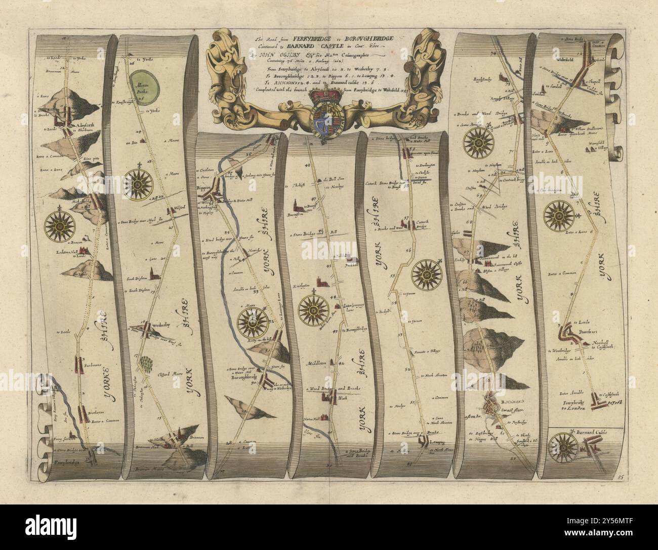 Wakefield - Ripon - Richmond - Barnard Castle. OGILBY road map #95 1675 ...
