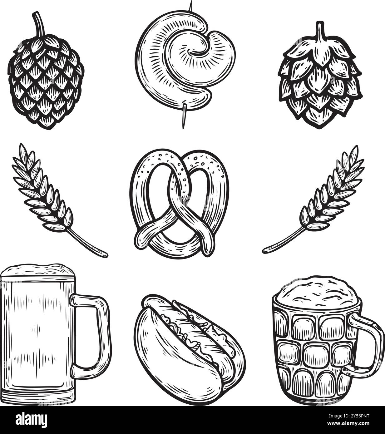 Beer and pretzel german street food engraved vector illustration set ...