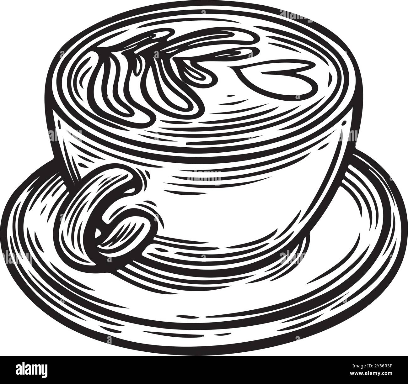 Latte art coffee cup on saucer line drawing vector illustration Stock ...
