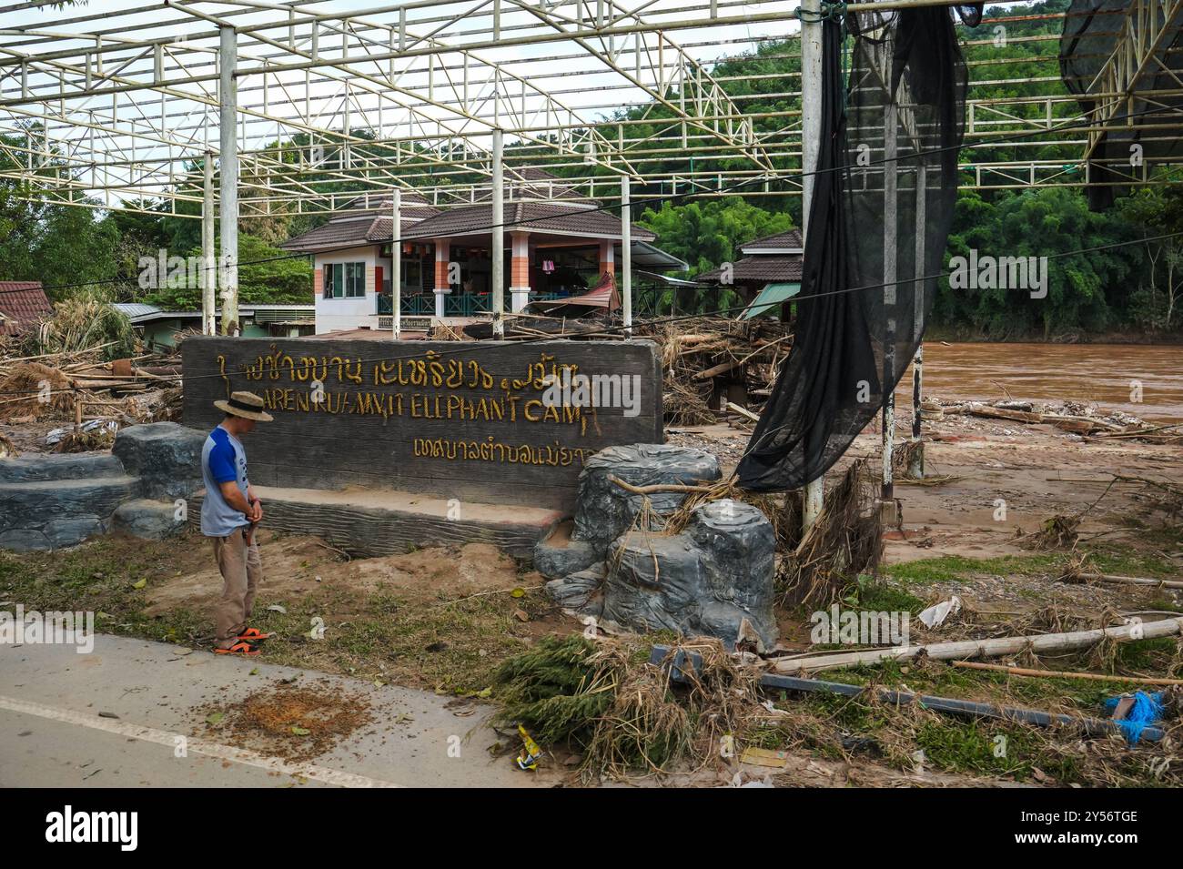 A view of a destroyed elephant camp, after the flood-ravaged in Chiang ...
