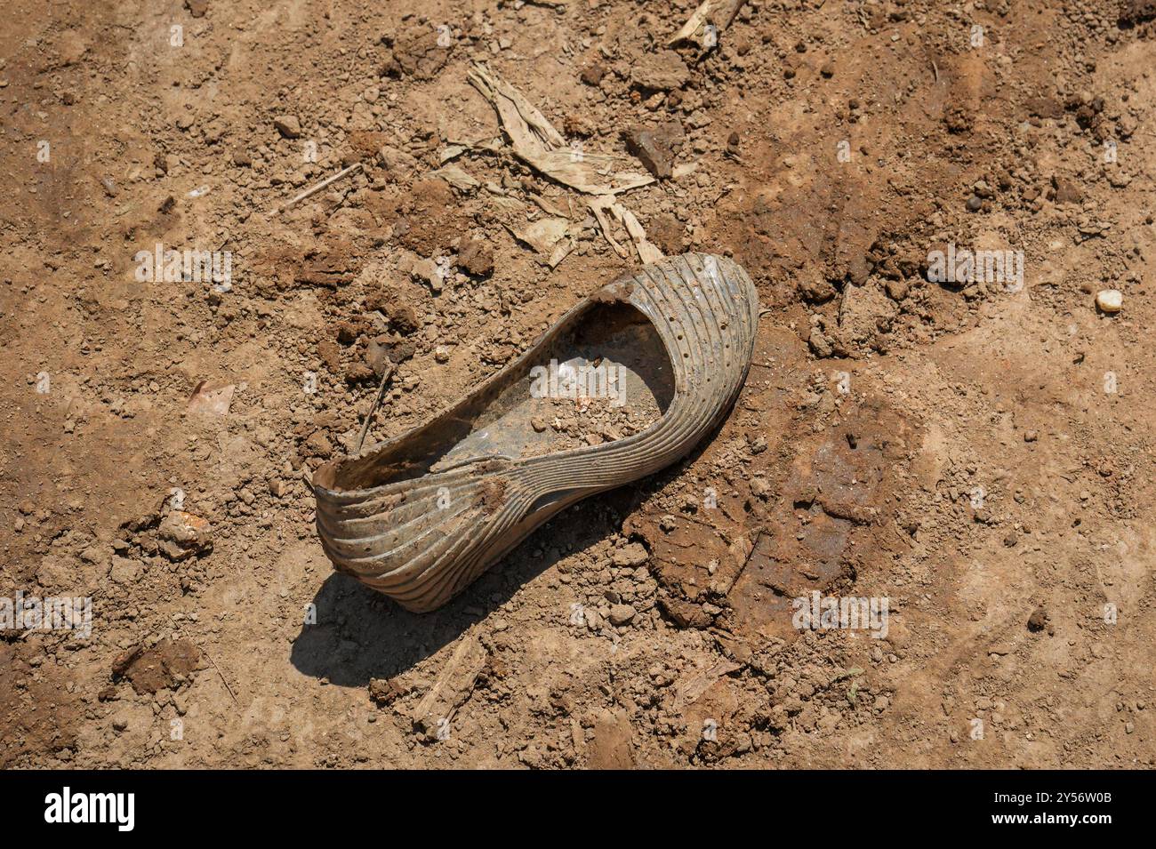 A close-up of a female shoe covered with mud, on the street, in Chiang ...