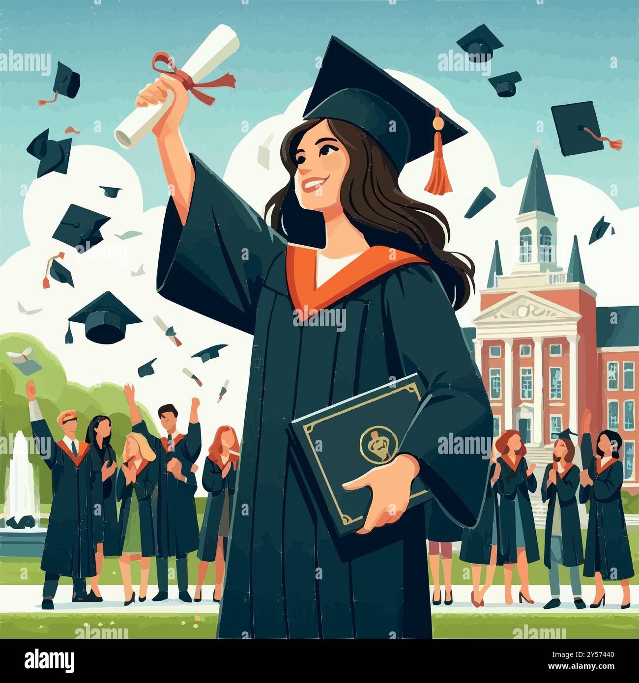 A proud graduate in cap and gown holds her diploma, smiling toward the ...