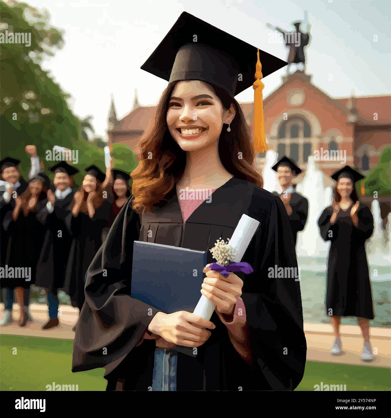 A proud graduate in cap and gown holds her diploma, smiling toward the ...