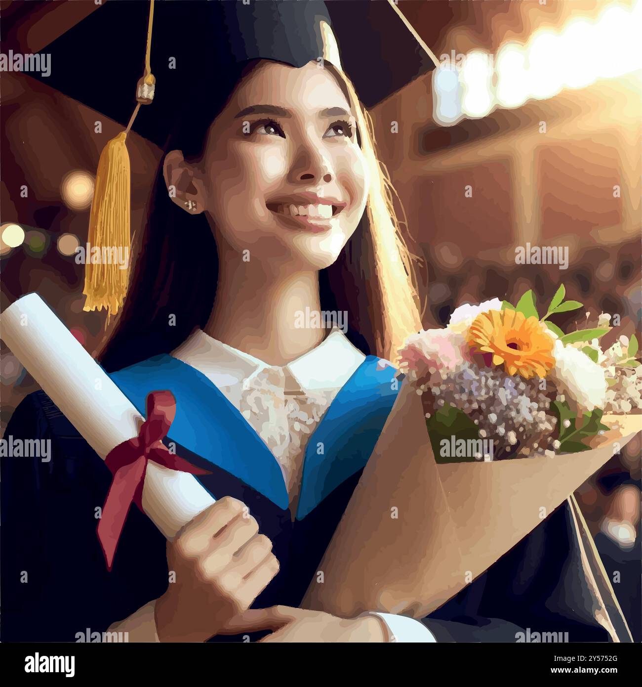 A proud graduate in cap and gown holds her diploma, smiling toward the ...