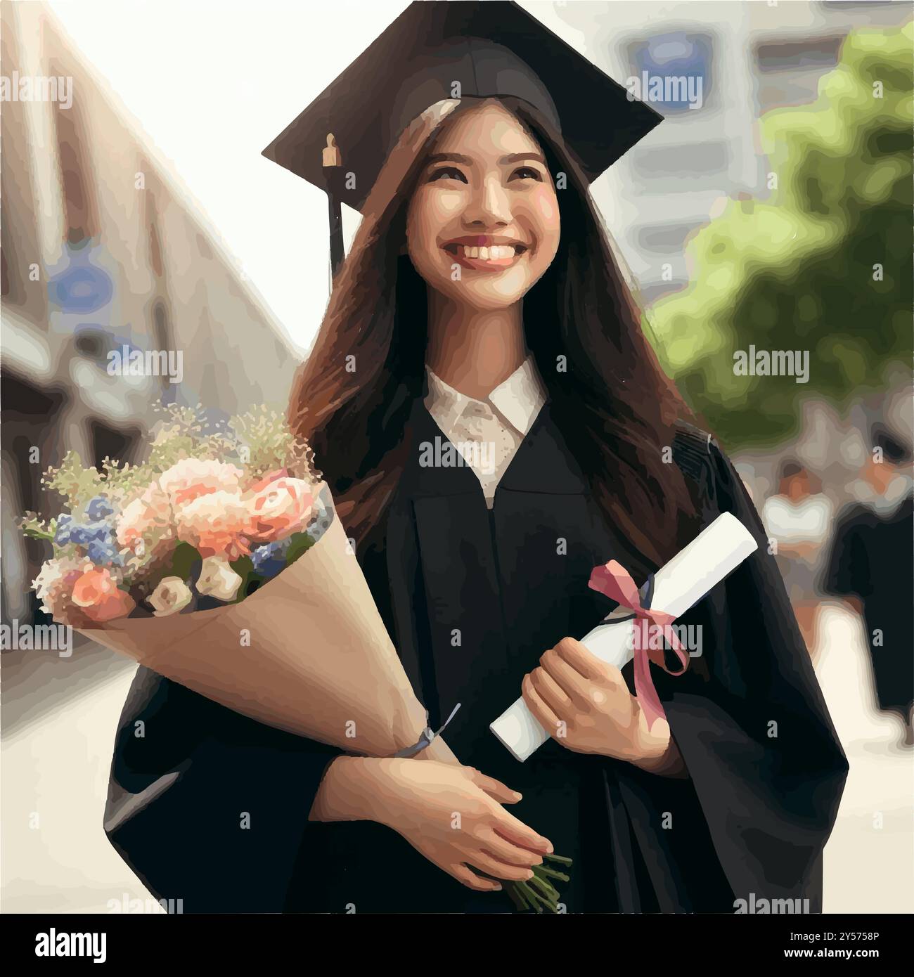 A proud graduate in cap and gown holds her diploma, smiling toward the ...
