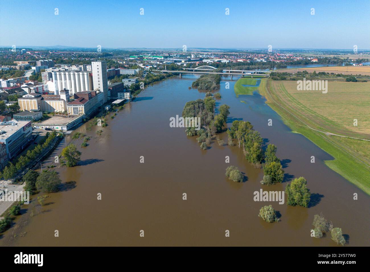 Elbehochwasser in Riesa Das Hochwasser der Elbe kommt der Stadt Riesa ...