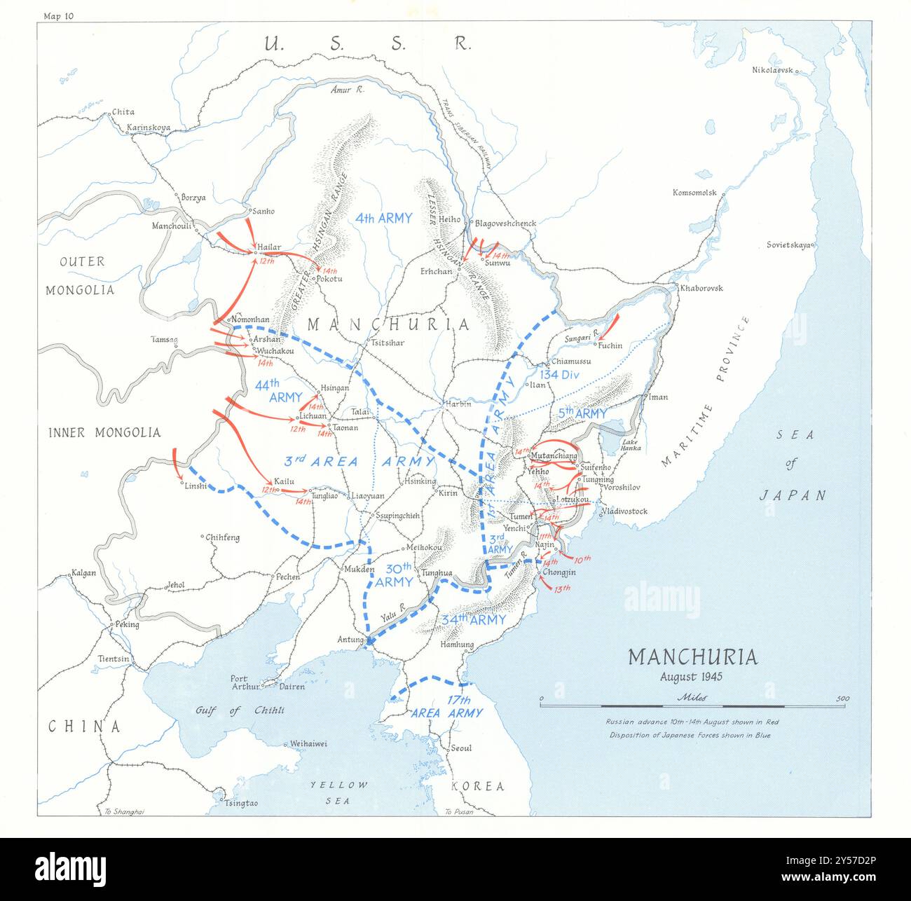 Soviet invasion of Manchuria, August 1945. World War Two 1969 old vintage map Stock Photo - Alamy