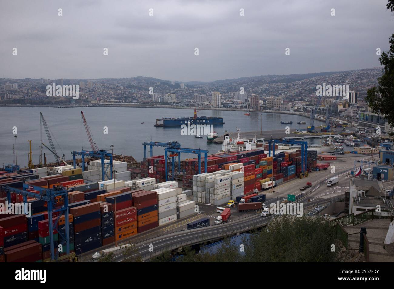 Scenic view of the Jewel of the Pacific city and Port with colorful ...