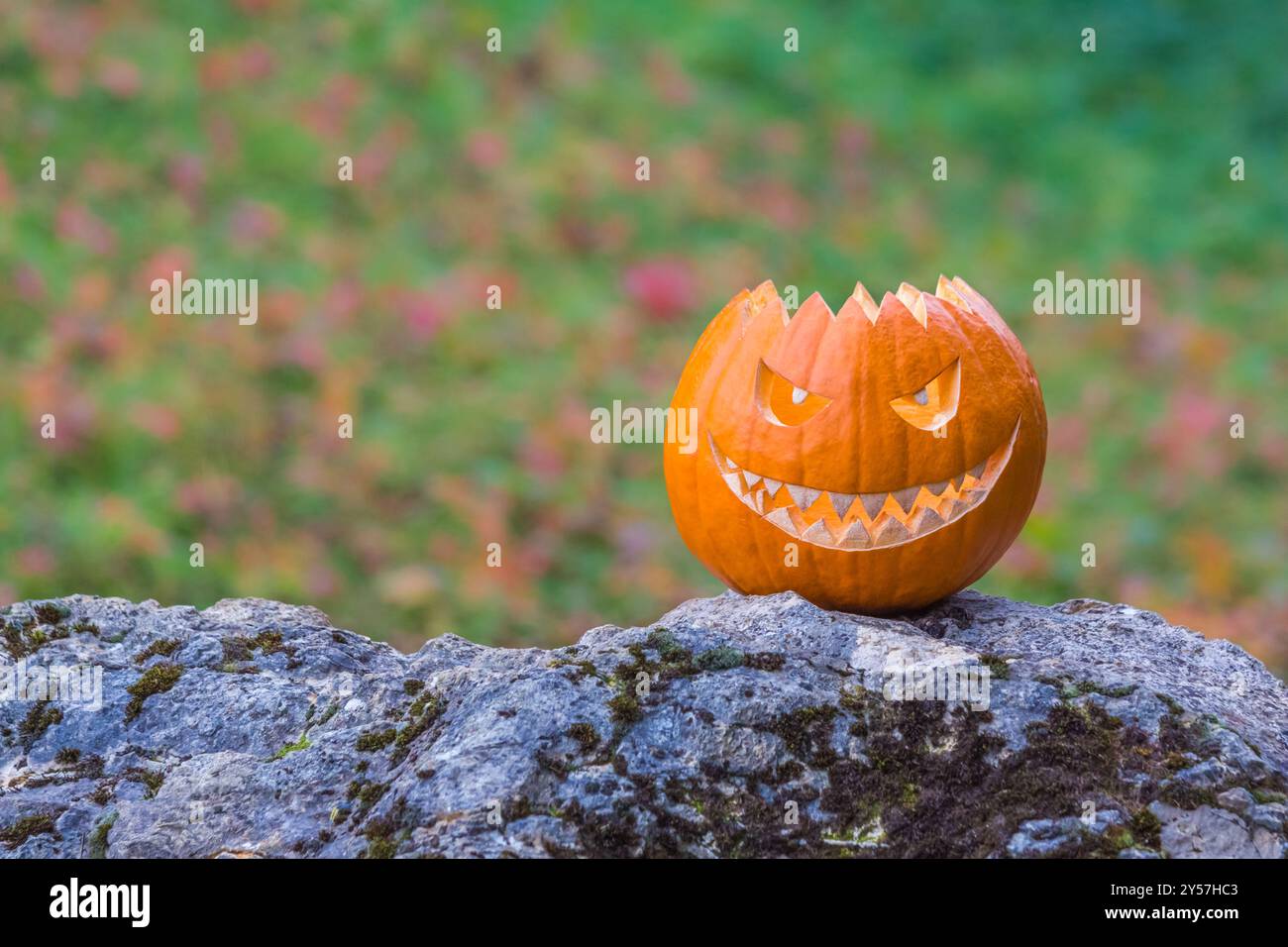 Scary smiling halloween pumpkin with nasty face on a stone. Big scary ...
