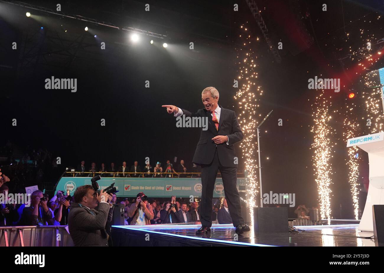 Reform UK leader Nigel Farage speaking during the party's annual ...