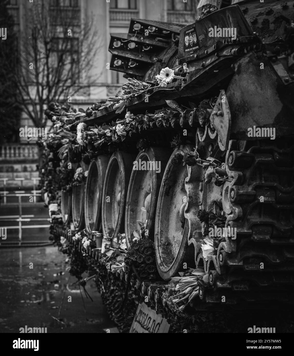 A destroyed Russian tank parked by Ukrainian activists in front of the ...