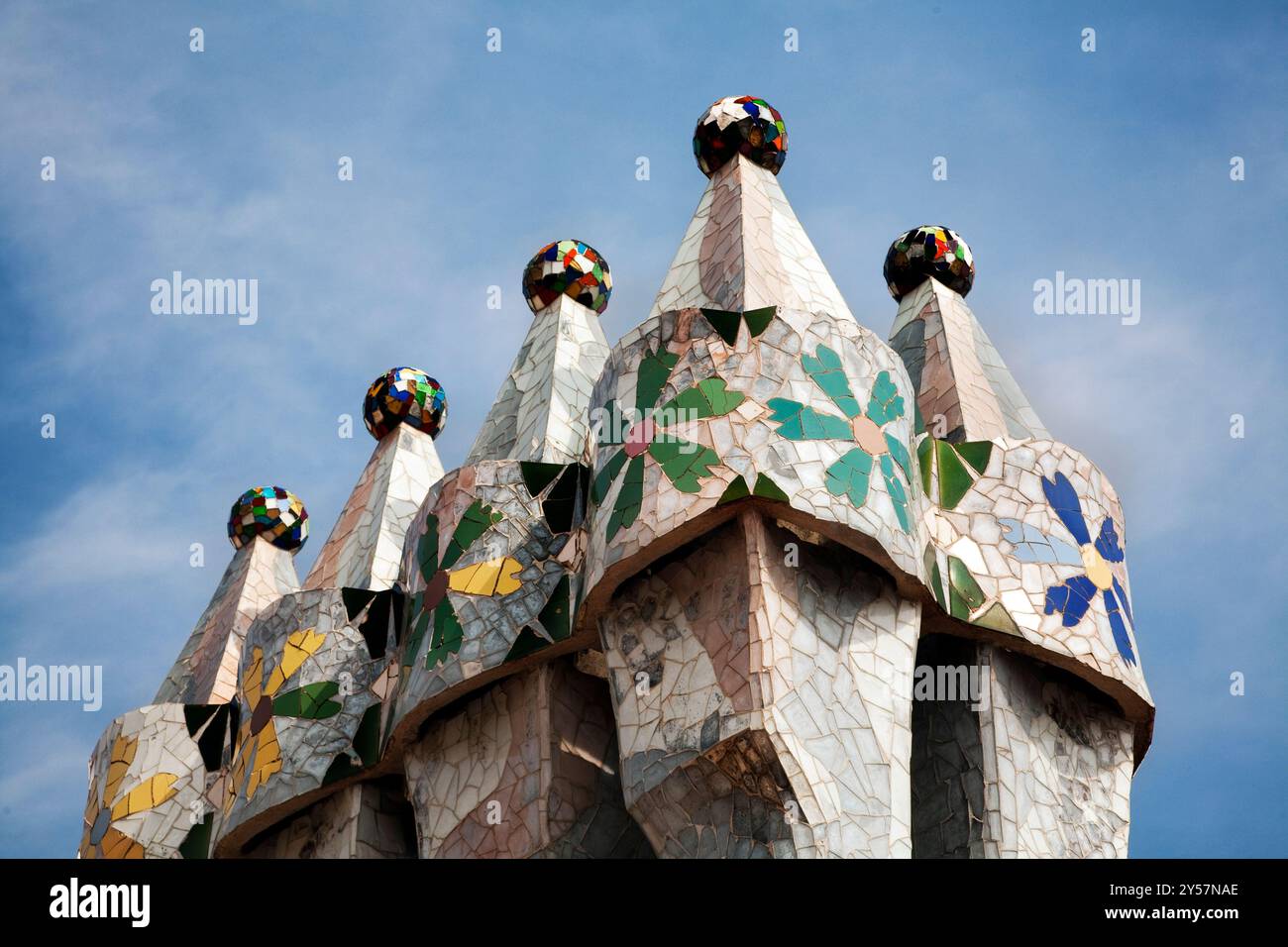 Barcelona, Spain, Sept 4 2008, The colorful chimeneas crown Casa Batlló ...