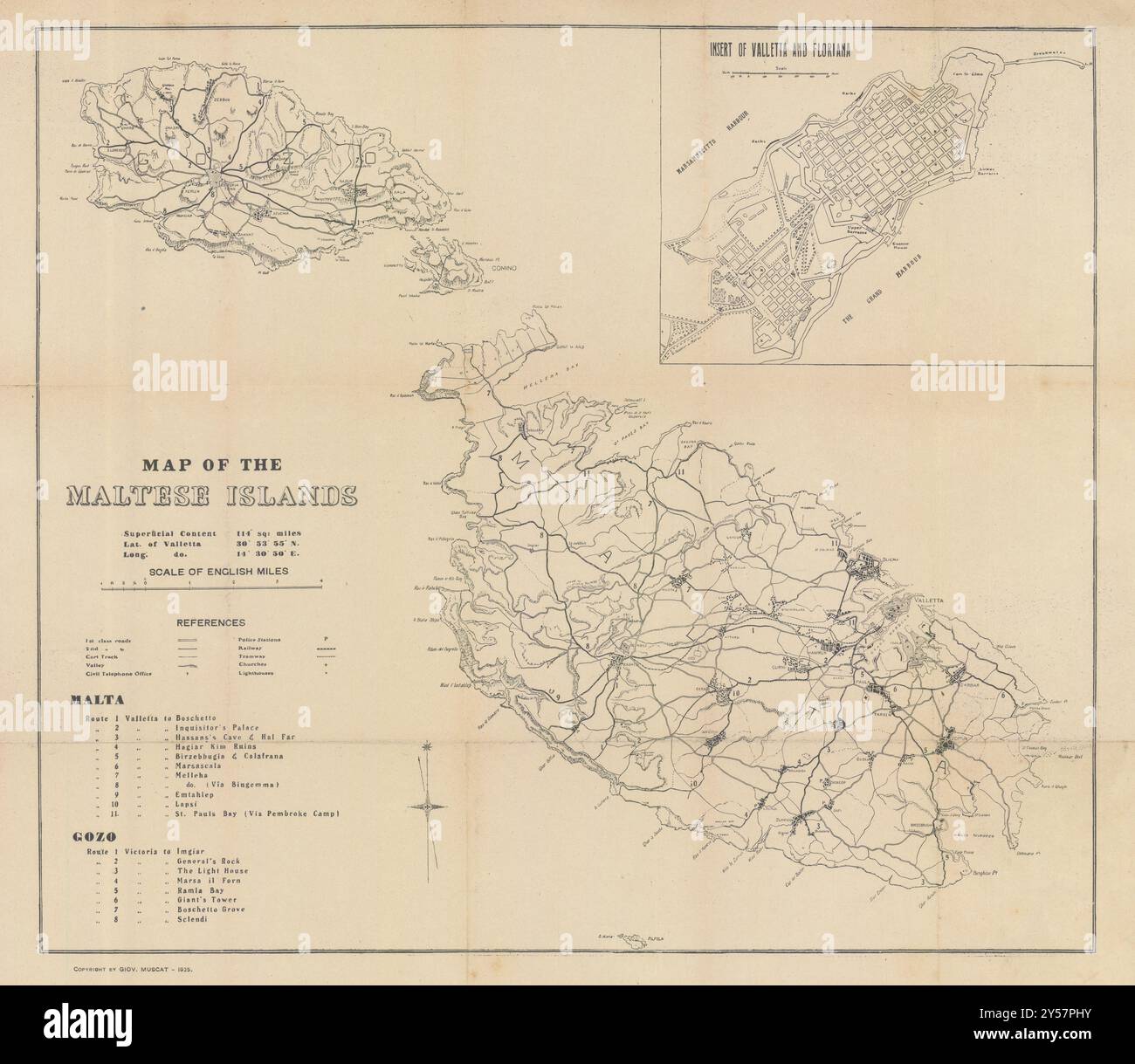 Map of the Maltese Islands. Valletta and Floriana. Giovanni Muscat 1925 ...